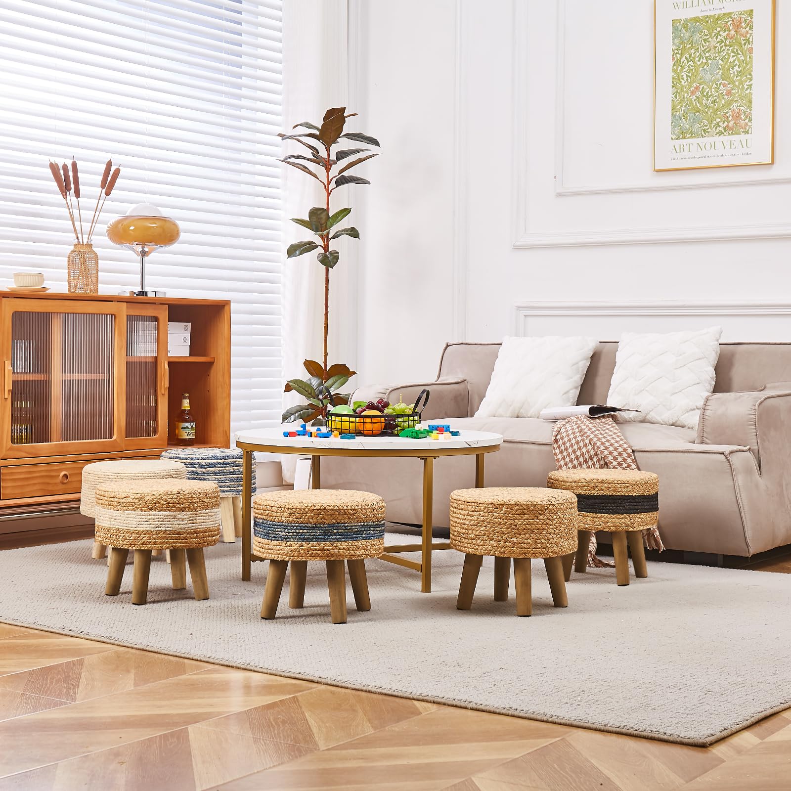 Cpintltr Round Ottoman Natural Seagrass Footstool Hand Weave Water Hyacinth Poufs Eco Friendly Sofa Foot Stool Soft Step Stool Padded Foot Rest with Pine Legs for Living Room Bedroom Blue