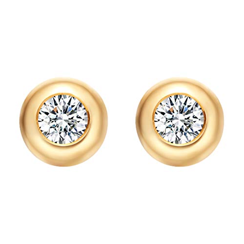 Carleen Solid Real 18K Yellow Gold Solitaire Bezel Set 0.1cttw Round Sparkling Genuine Diamond Small Tiny Stud Earrings for Women Girls, Diameter 3.8mm
