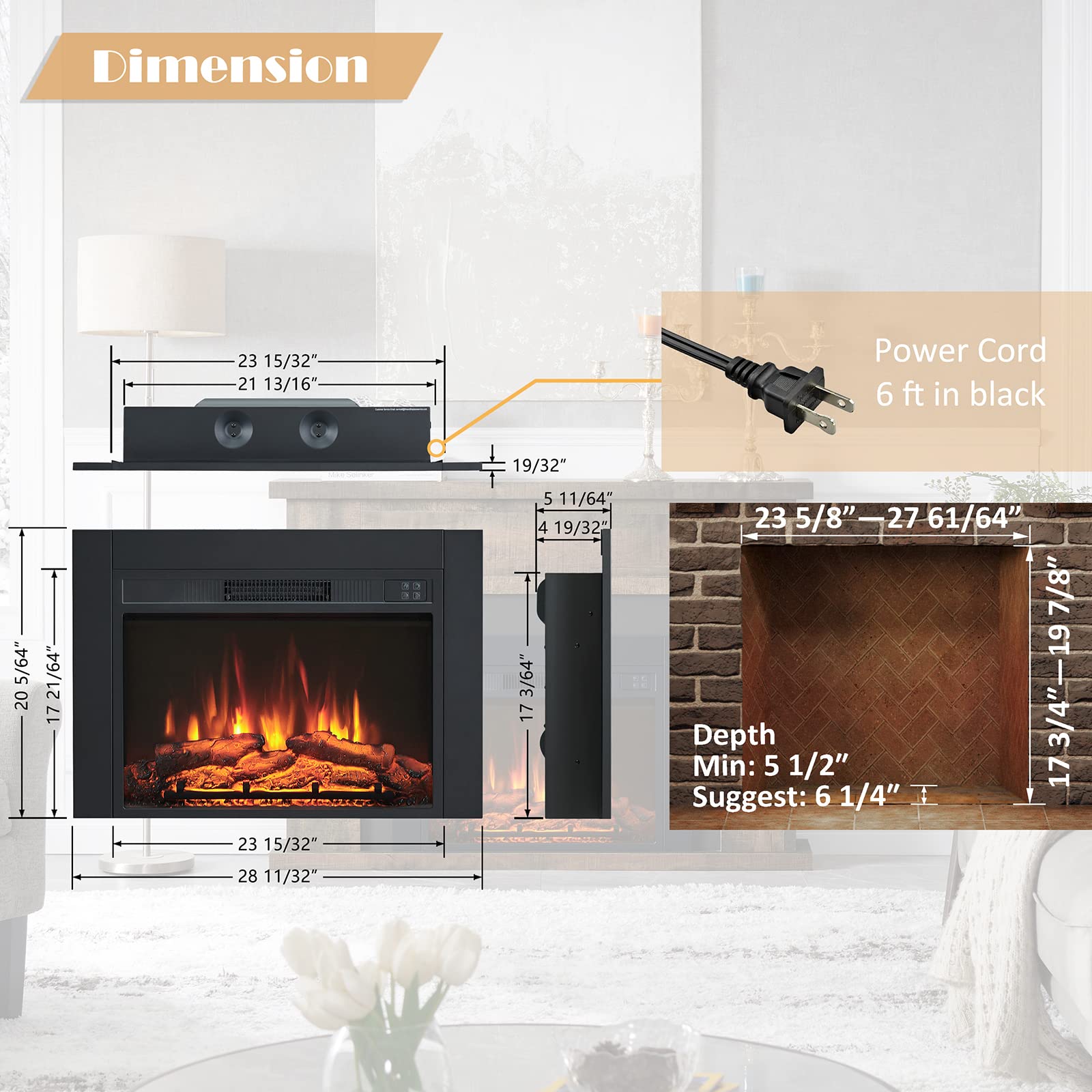 EfiretricĀ® Adam Electric Fireplace Insert with Front Trim Kit, 23" W x 17" H (EF447) with Front Trim Kit, 1500W Heater, Remote Control and Timer