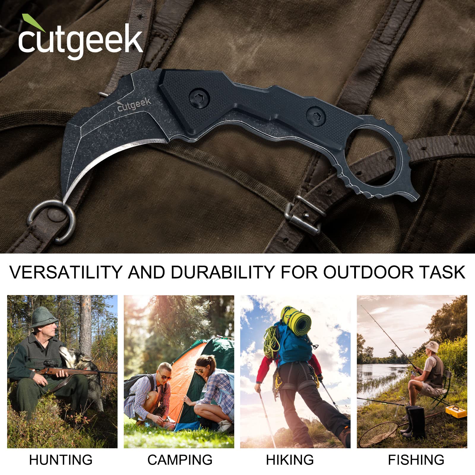 cutgeek FB-901 Fixed Blade Camping Knife with Sheath Horizontal & Vertical Knife with G10 Handle for Outdoor, Hunting, Fishing