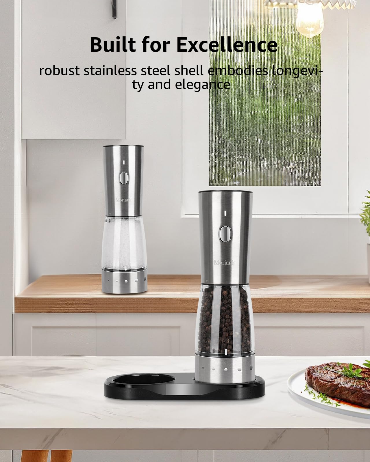 Electric Salt and Pepper Grinder Set, Large Capacity 5.3oz Salt and Pepper Grinder Set with Adjustable Coarseness, Rechargeable Stainless Steel Electric Pepper Grinder with Elegant Storage Base