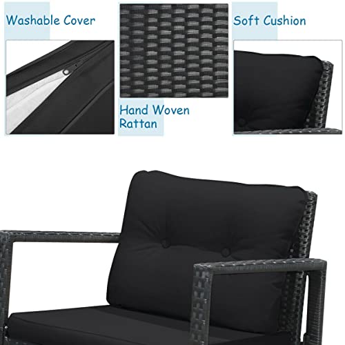 N/A 3PCS Patio Rattan Furniture Set Rocking Chairs Cushioned Sofa Black Rocking Chair