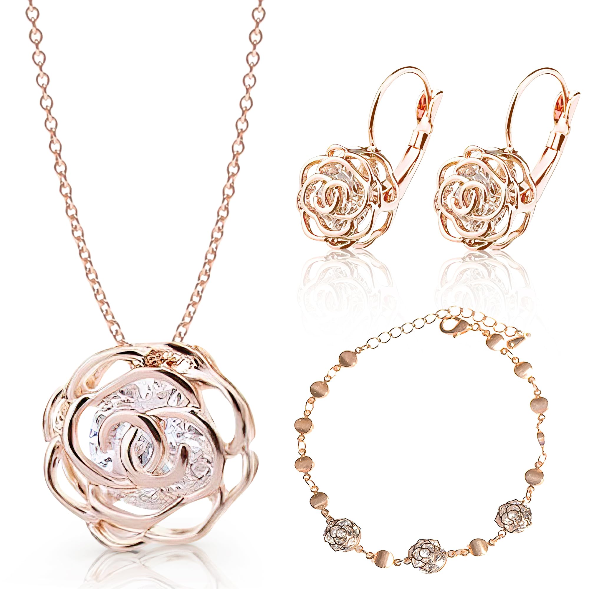 Crystalline Azuria Women 18K Rose Gold Plated White Crystal Roses Flower Set Necklace Earrings Bracelet for Women Wedding Party Bridal Bridesmaid Accessories