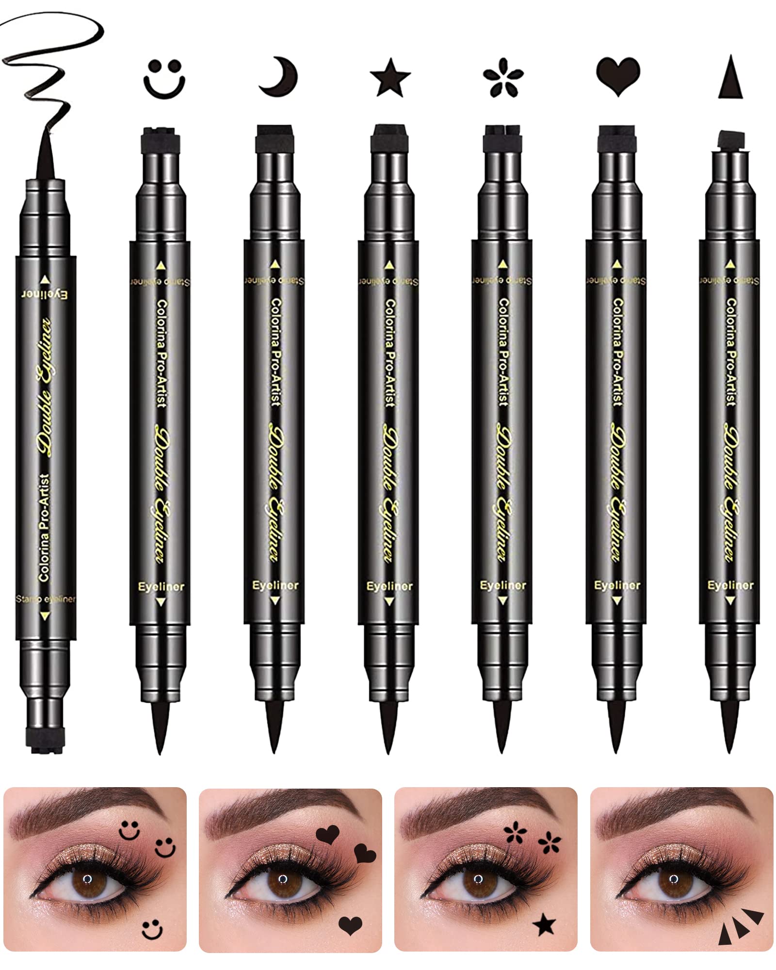 Enfuntins 6 Pcs Eyeliner Stamp, Black Double-Ended Liquid Eye Liner Pen Waterproof Long-Lasting SmudgeProof Tattoo Eye Makeup Set Winged, Smiley, Star, Moon, Heart, Flower