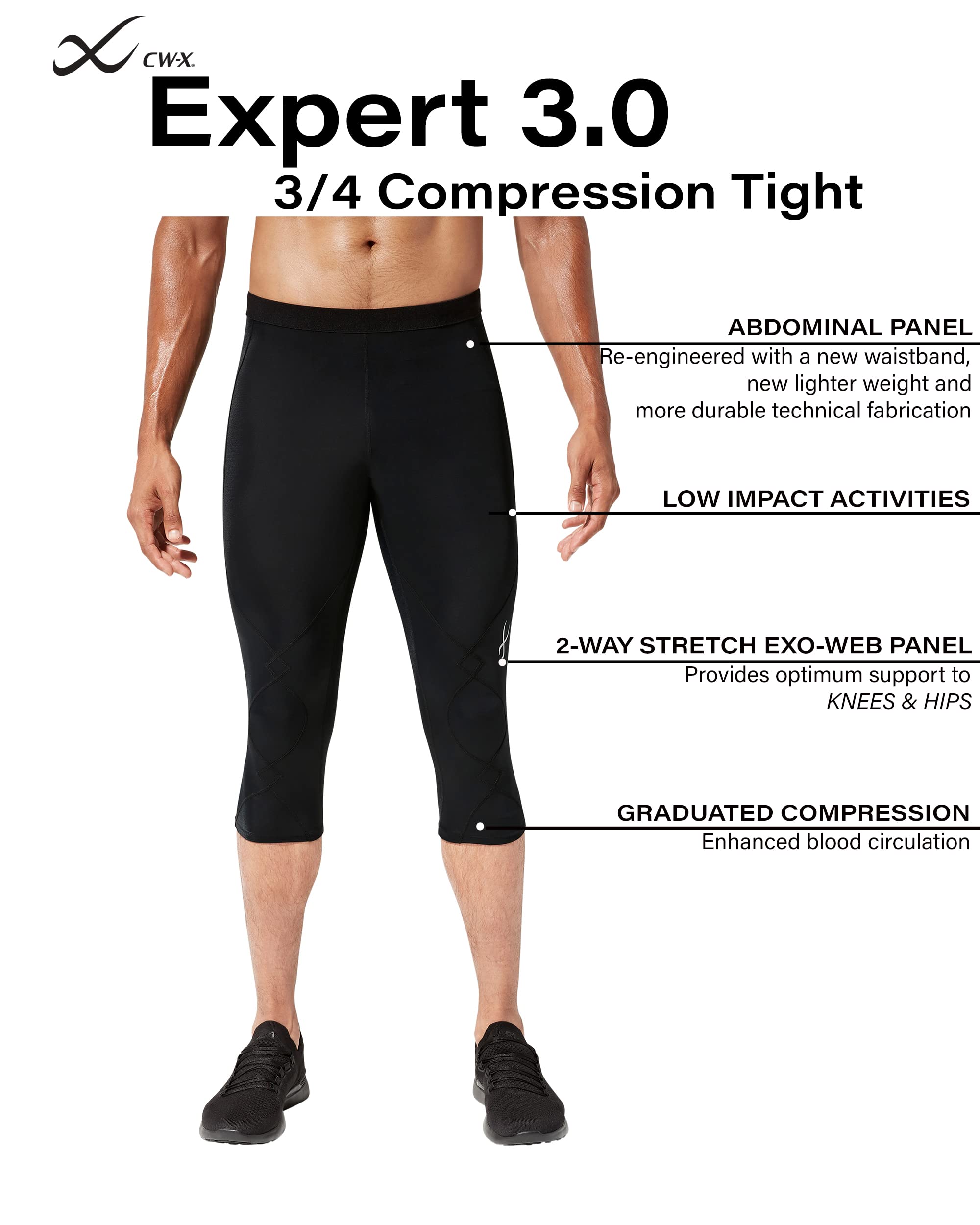 CW-X Men's Expert 3.0 Joint Support Compression 3/4 Tight, Black, X-Large