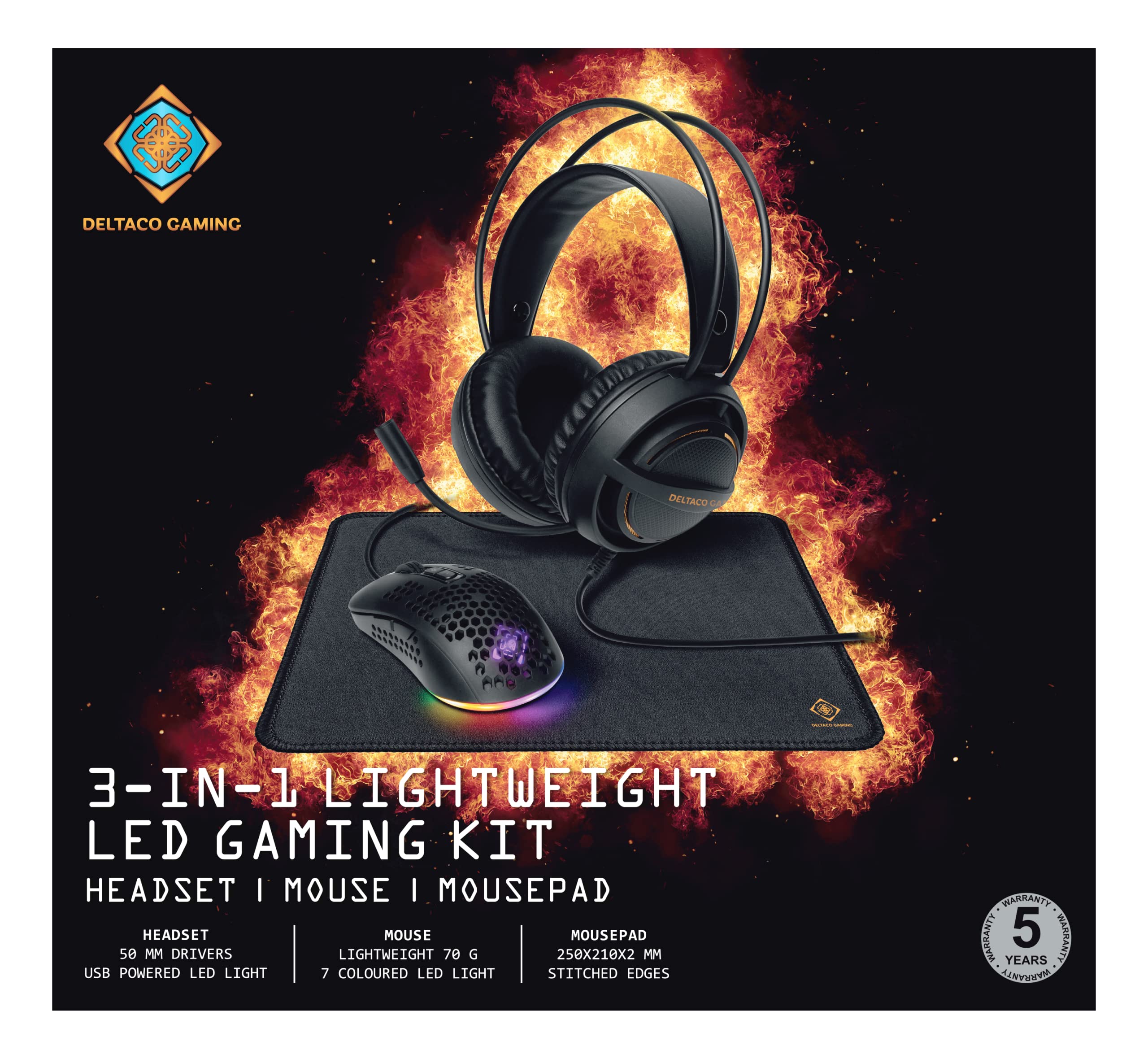 DELTACO Wired Gaming Mouse and Mouse Pad & Headset Combo | 3-in-1 PC Gaming Accessories Bundle | Starter Gaming Set Up Kit for Desktop PC and Laptop | Compatible Accessories for Windows and Mac