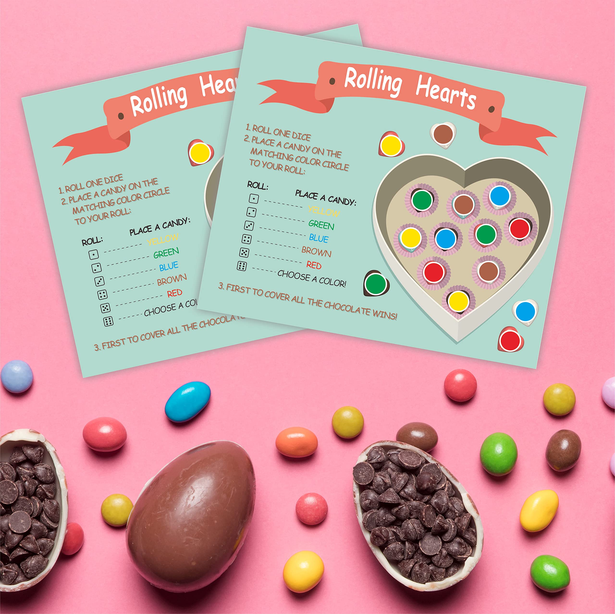 DYIRBIIY 5" x 6" Easter Party Kids Table Game | Rolling Hearts Roll The Dice Game| Easter Dice Game for Kids | 20 Play Cards 20 Colored Dices -TZYX-A02