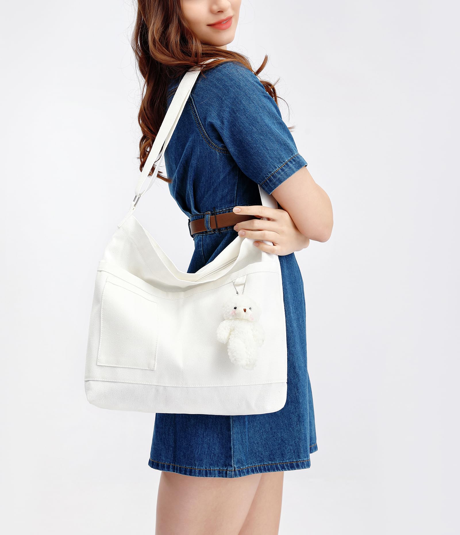 Covelin Womens Canvas Bag with Bear Pendant Crossbody Purse Top Zip Shoulder Handbag Army Green