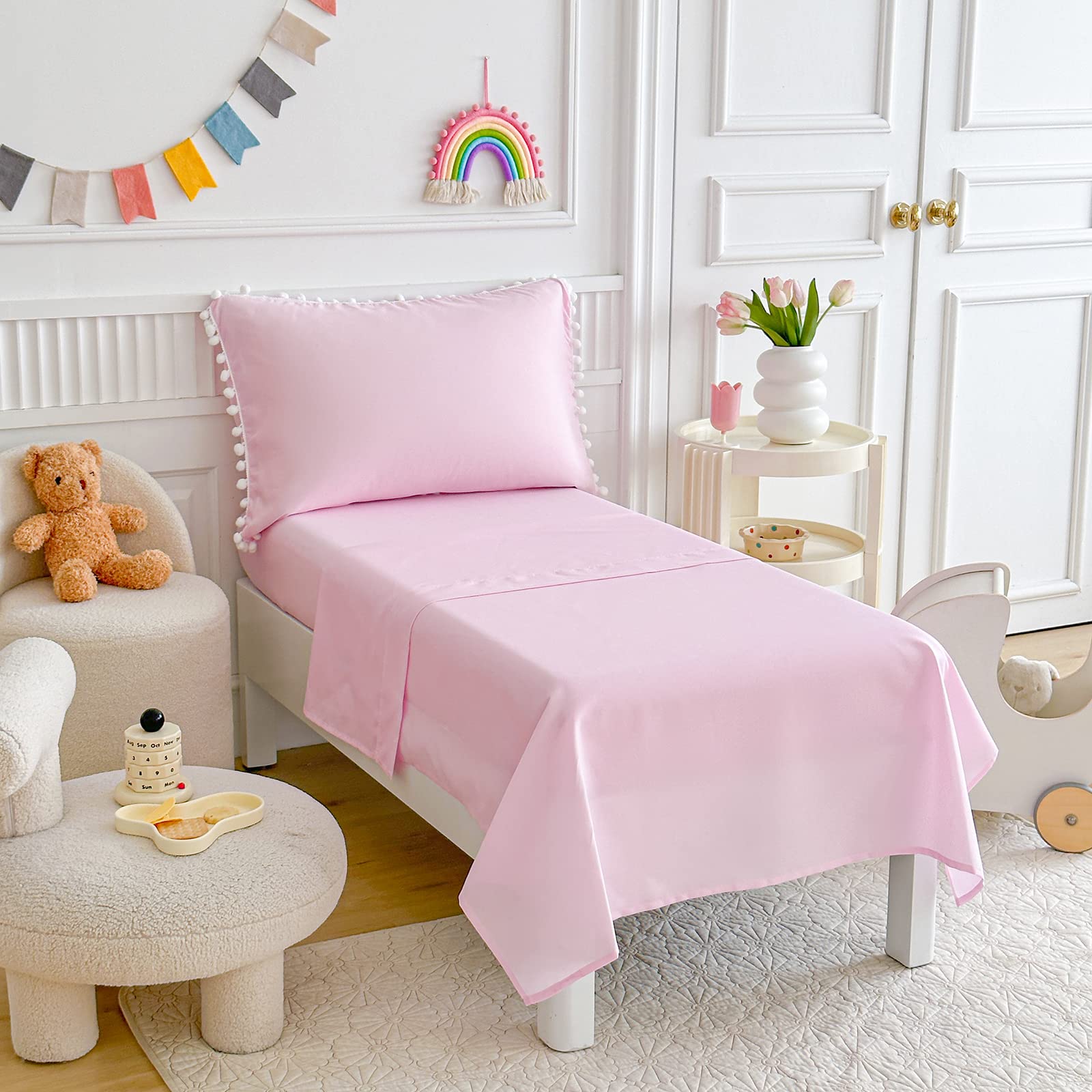 Chrismas Toddler Bedding Set 4 Pieces Boho Ball Pom Pom Toddler Bed Set Bed in a Bag Chic Boho Green Pom Fringe Comforter for New Year Holiday