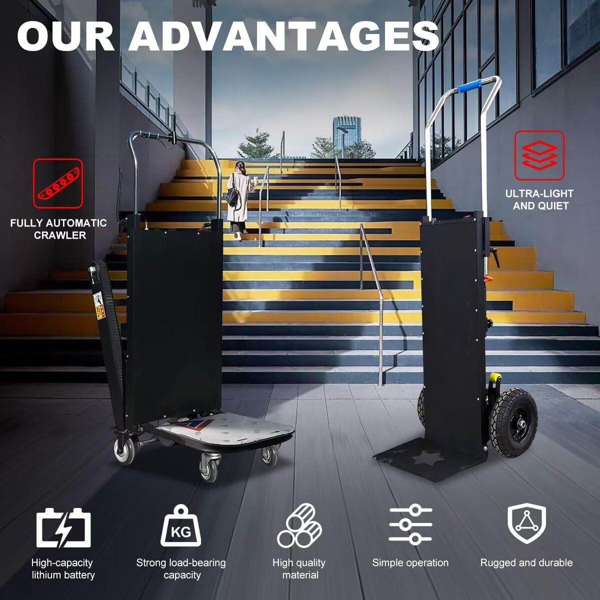 Electric Stair Climbing Hand Trucks Cart Easy Up/Down with 10" Solid Rubber Tires, 1200 W 881lb Max Load for Moving Warehouse Logistics Distribution 24Ah