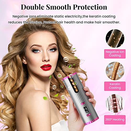 Cordless Hair Curler, Automatic Curling Iron with 6 Temps & Timer, Automatic Hair Curler, Ceramic Barrel Cordless Curler, Fast Heating Spin Curling Irons for Beginners