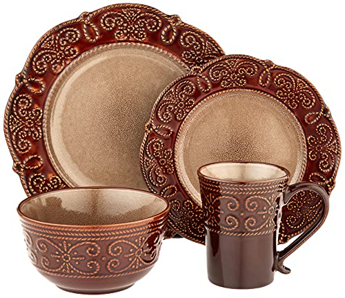 Elama Round Decorated Stoneware Scallop Embossed Dinnerware Dish Set, 16 Piece, Salia