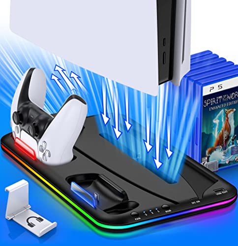 DINOSTRIKE PS5 Cooling Station with RGB Light, PS5 Stand with Cooling Fan for PS5 Disc&Digital Editions Dual Controllers Charger Station, PS5 Accessories for PS5 Console Headset Holder, 6 Game Slots