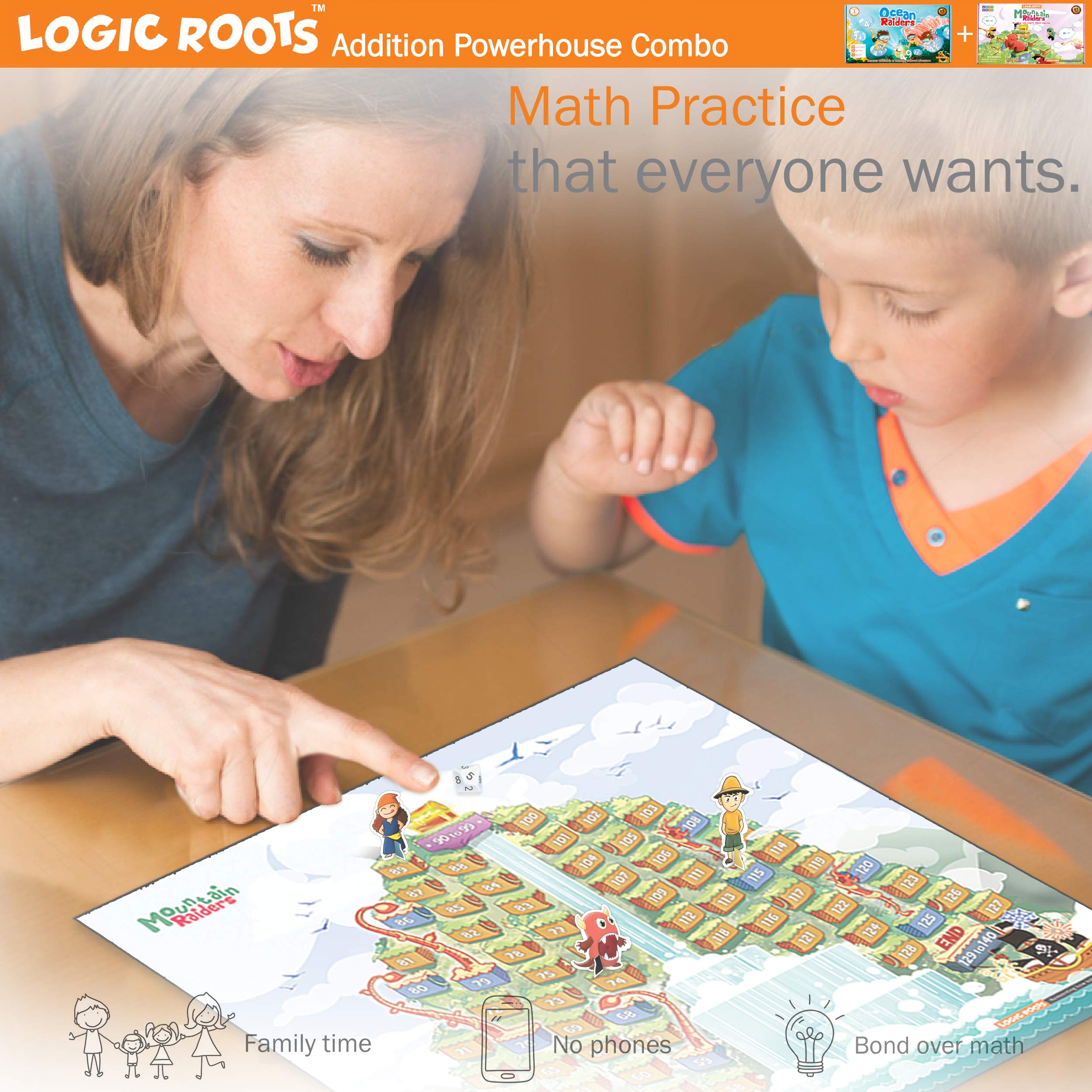 Logic Roots Addition Games - Pack of 2, Mountain Raiders and Ocean Raiders, Math Board Games and STEM Toys for 5- 9 Year Olds, Educational Gift for Kids, Homeschoolers, Kindergarten and Up