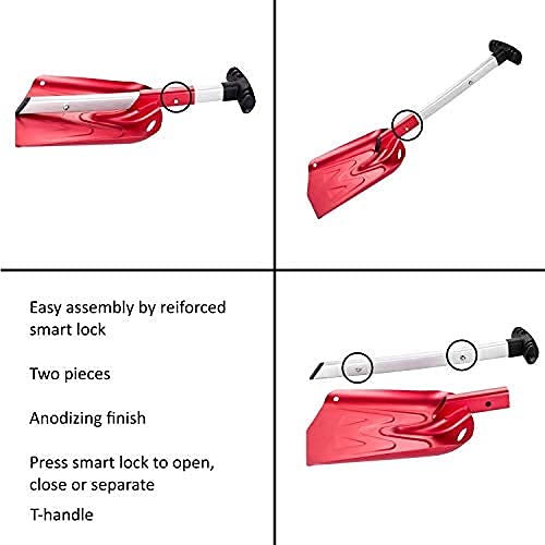 FridLife Folding Snow Shovel, Rugged Compact Emergency Tool for Car, Snowmobiles, or ATV – Compact Winter Survival Gear for Camping, 2 Piece Collapsible Hand Shovel, Lightweight Aluminum - Red