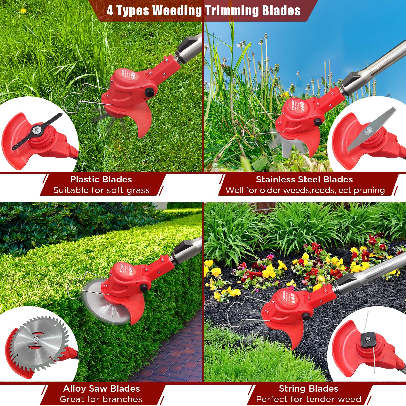 Cordless Weed Wacker, Electric Weed Eater Battery String Trimmers Edger Lawn Tool Bush Pruner 2.0Ah Battery Powered Grass Edger Foldable Stick Electric Mower w/Wheels