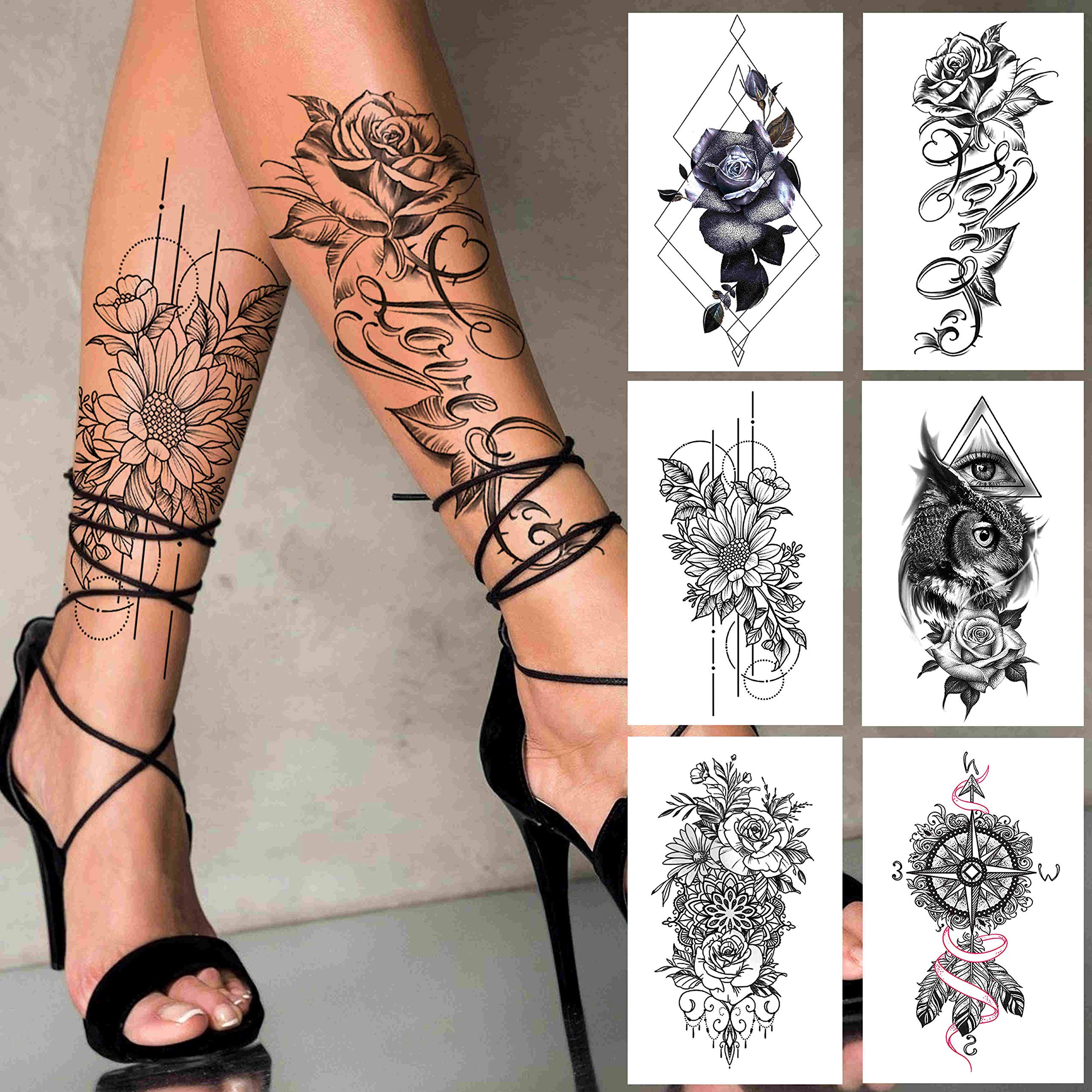 FANRUI 24 Sheets Cool Super Large Full Arm Temporary Tattoo Sleeve For Men with 8 Sheets For Women Thigh, 16 Sheets Flower Eagle Compass Adults Tribal Tiger Tatoo