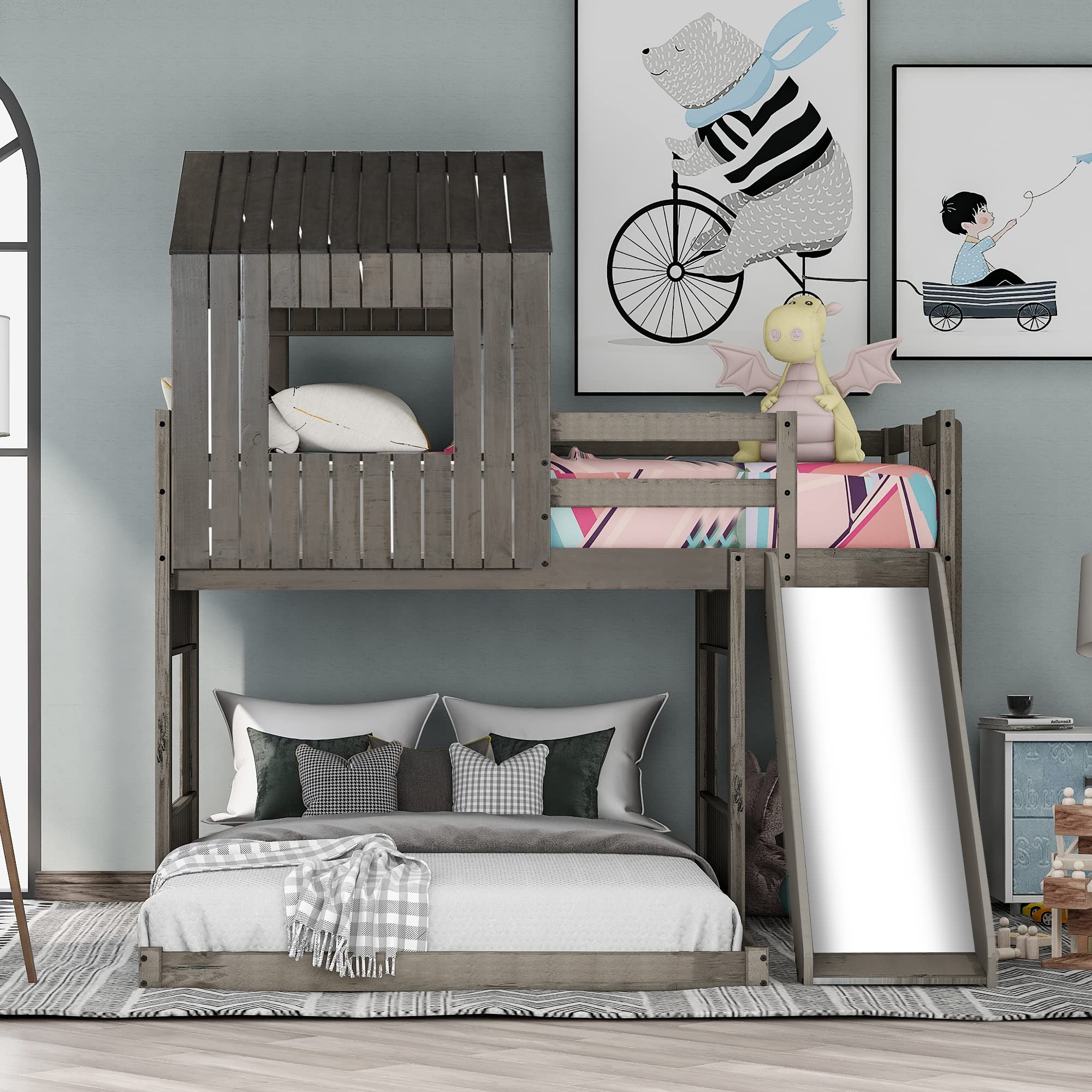 Harper & Bright Designs Twin Over Full Bunk Bed Frame, Solid Wood House Bunk Bed with Roof, Window, Guardrail and Ladder,Floor Bunk Beds Twin Over Full Size for Kids, Teens, Boys & Girls (White)