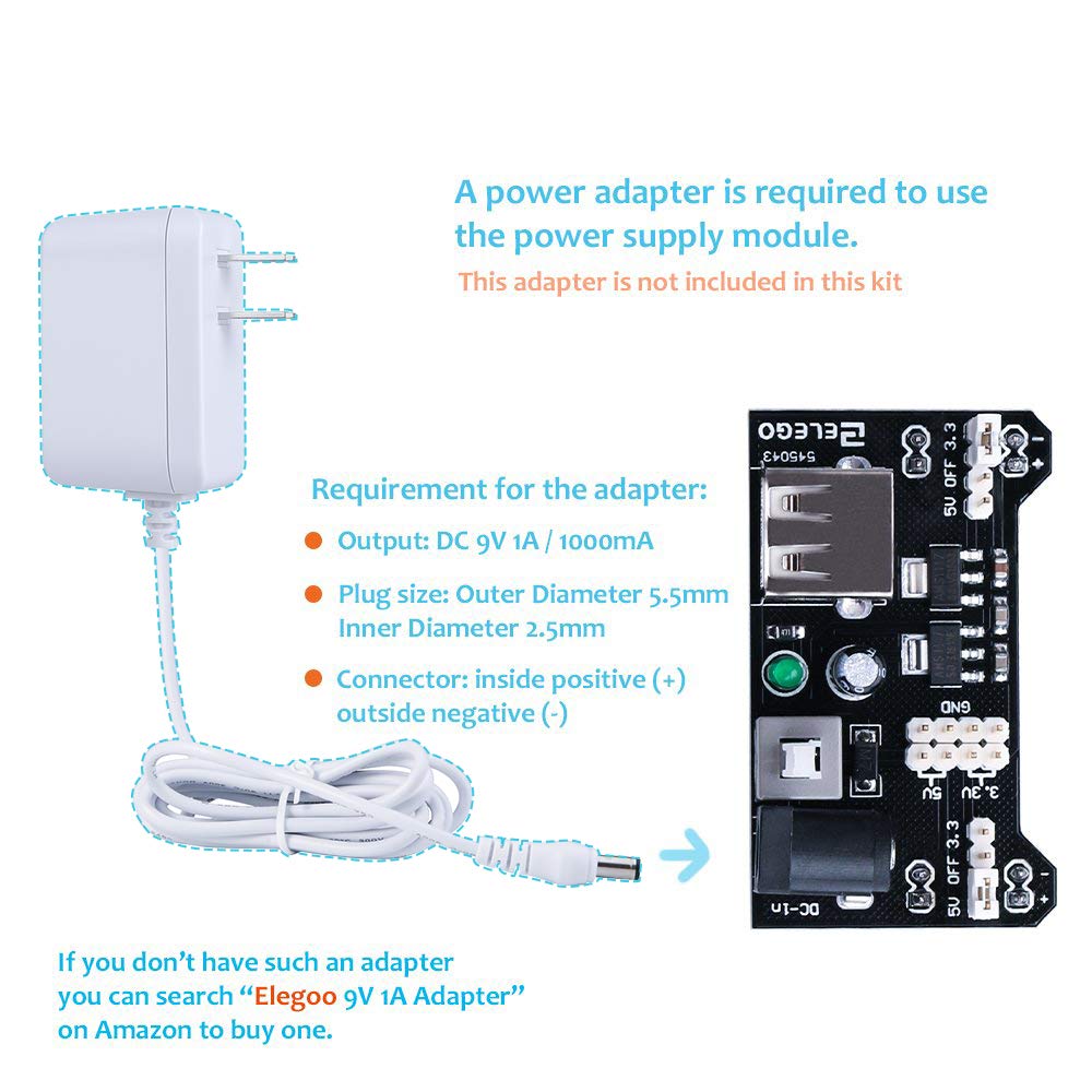 ELEGOO Upgraded Electronics Fun Kit w/Power Supply Module, Jumper Wire, Precision Potentiometer, 830 tie-Points Breadboard Compatible with Arduino, STM32