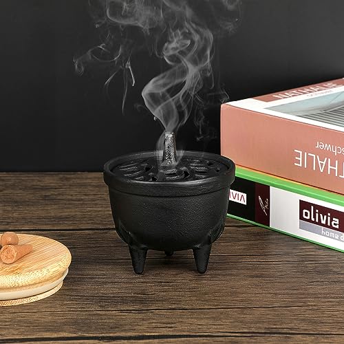JUXYES Vintage Tripod Incense Burner Holder with Lid, Cast Iron Incense Holder Metal Cauldron Censer Antique Cone Coil Incense Burner Holder for Incense Resins, Cones or Wax Melts
