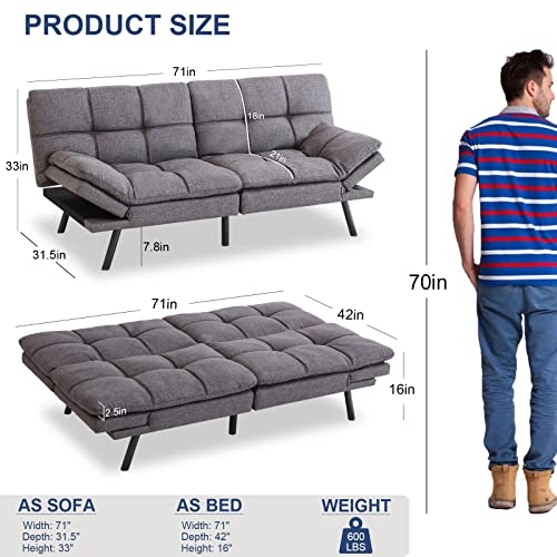 QAIIOO Sofa Grey 1 Memory Foam Modern Convertible Bed, Folding Futon Sleeper Couch with Compact Living Space, Apartment, Dorm, Bonus Room, 71" D x 33" W x 31.5" H