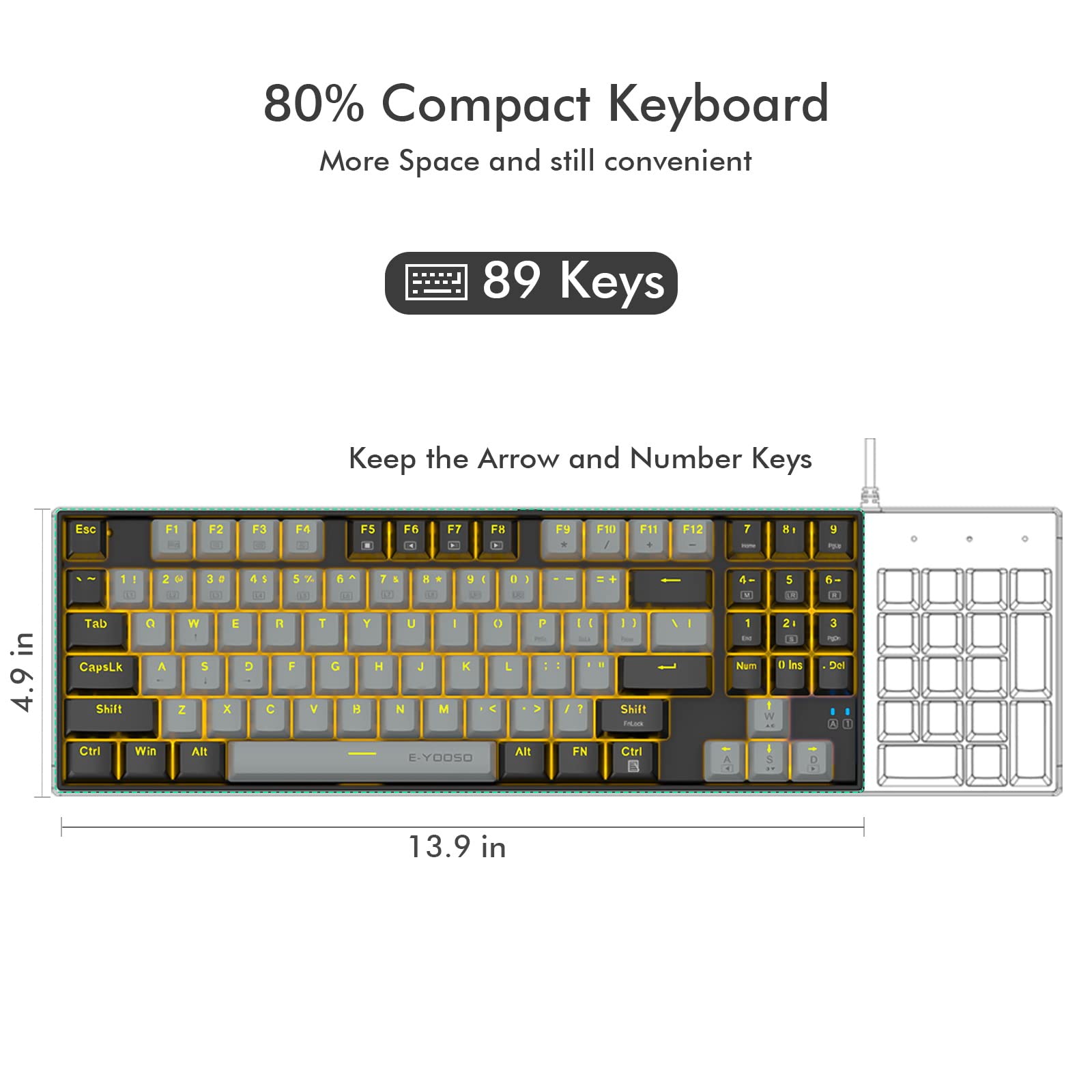 E-YOOSO Mechanical Keyboard, Wired Compact LED Backlit Computer Keyboard with Number Pad, 89 Keys Mechanical Gaming Keyboard with Linear Red Switch for Windows/Mac, Laptop/PC