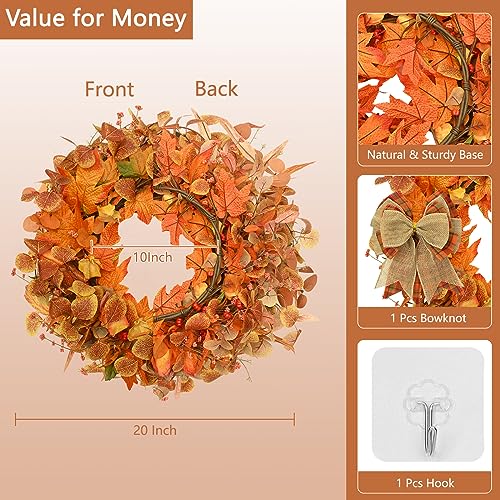Fall Decor - Fall Wreaths for Front Door - 20 Inch Fall Door Wreath with Bowknot, Artificial Eucalyptus Wreath with Pumpkin Golden Berries Maple Leaves for Thanksgiving Farmhouse Decor