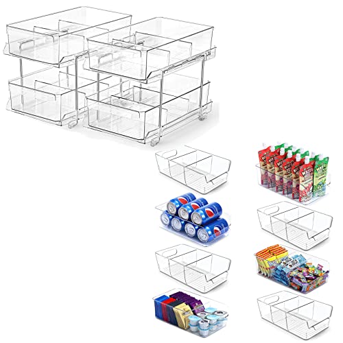 LANDNEOO 2 SET, 2 Tier Clear Organizer with Dividers + Set of 8, Stackable Clear Bins with Removable Dividers - Pantry Food Snack Organization and Storage - Multi-Purpose Plastic Home Organizer