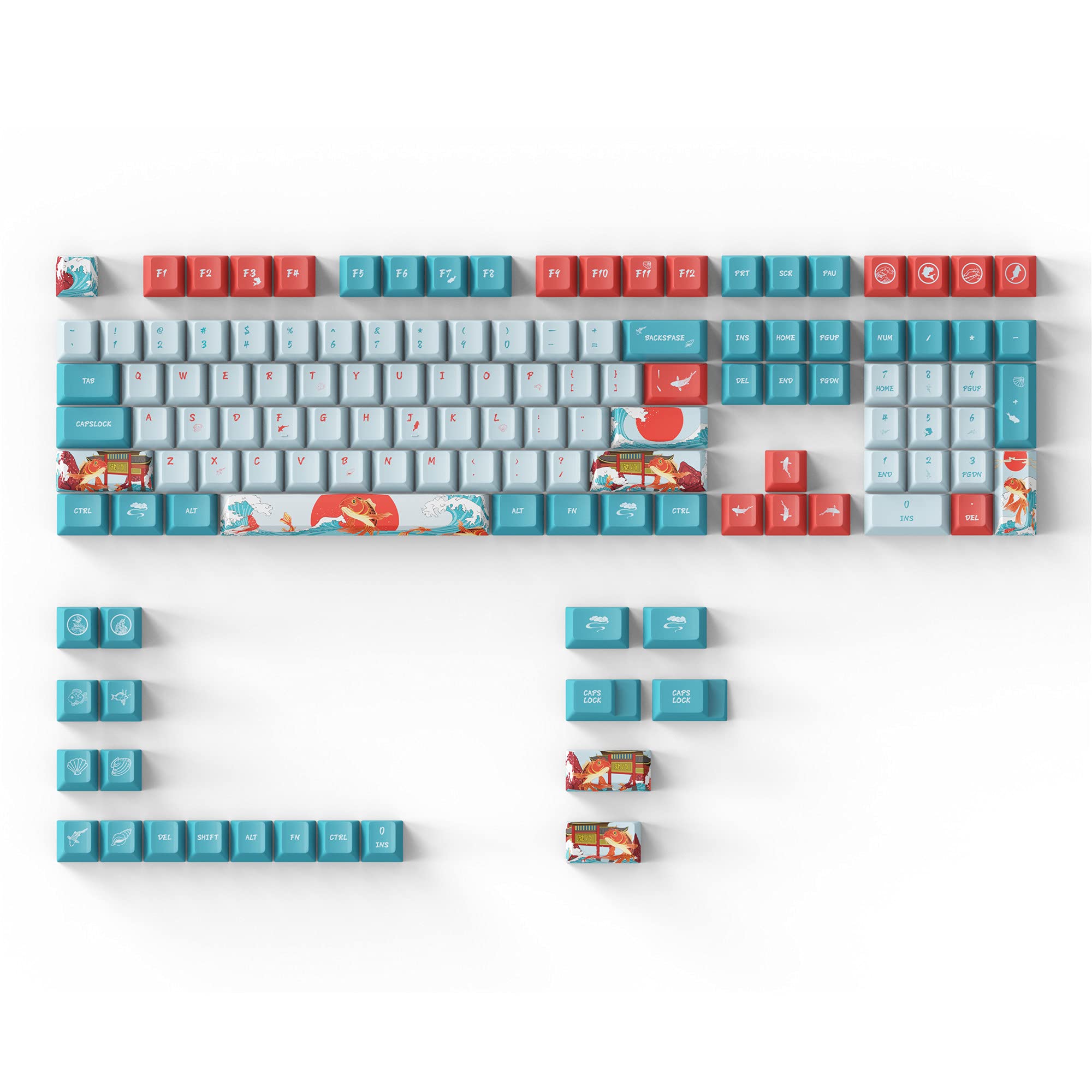 DAGK Dragon Gate Koi PBT Dye Sublimation Upgrade 128 Keycap Set Cherry Profile Keycaps Keyset with Puller for Cherry Mx Gateron Kailh Switch Mechanical Keyboard Upgraded Coral Sea…