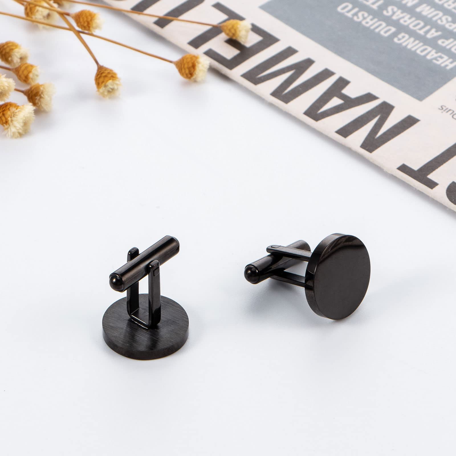 Cufflinks for Men, Driew Black Cufflinks Blank Cufflink Cuff Links men Flat Pad Blank Setting Tray 1 Pair,Round
