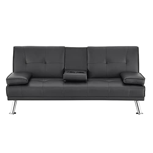 Naomi Home Black Futon Sofa Bed, Faux Leather Futon Couch with Armrest and 2 Cupholders, Pull Out Sofa Bed Couch with Metal Legs, Reclining Small Couch Bed, Black Couches for Living Room