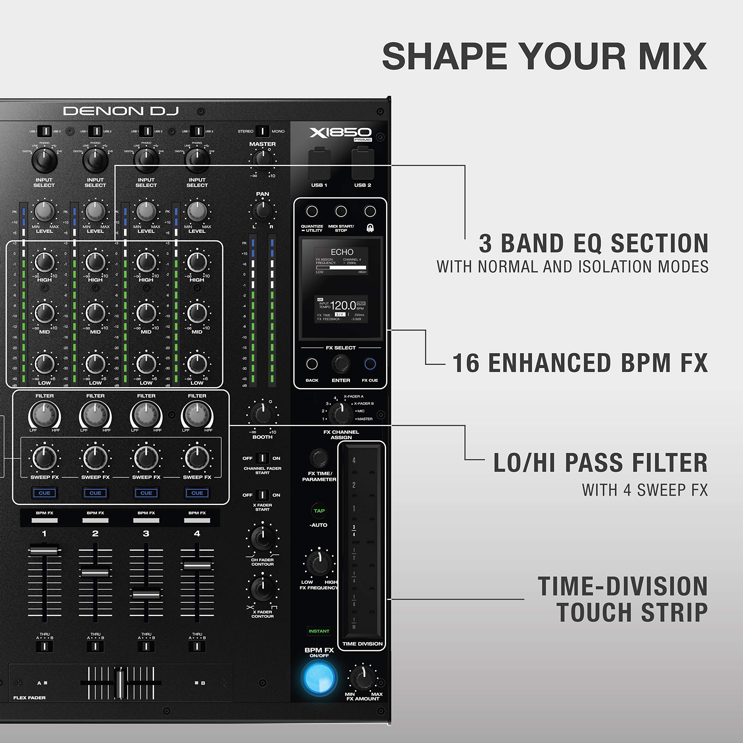 Denon DJ X1850 PRIME – Professional 4 Channel Digital DJ Mixer With USB, Digital and Switchable Phono/Line Inputs Plus Built-In DJ FX