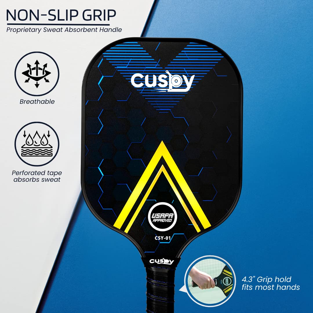 Cuspy USAPA Pickleball Paddles Set of 2 – includes 2 Pickleball Paddles with sturdy Graphite Surface and trendy Dark Blue color, 4 Balls, 2 Extra Grip Tapes, 2 Wristbands, and a durable Pickleball Bag