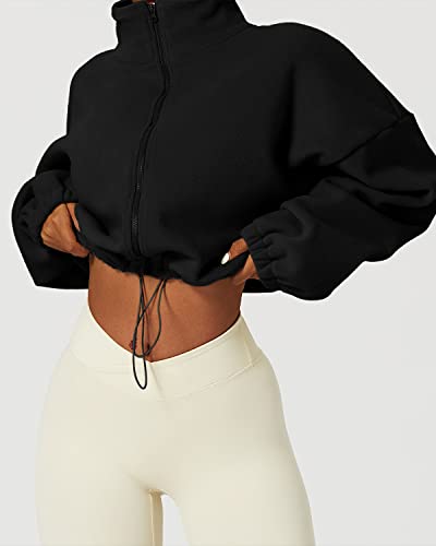 QINSEN Women's Full Zip Fleece Short Jacket Warm Winter Long Sleeve Stand Collar Sherpa Crop Coat Black M