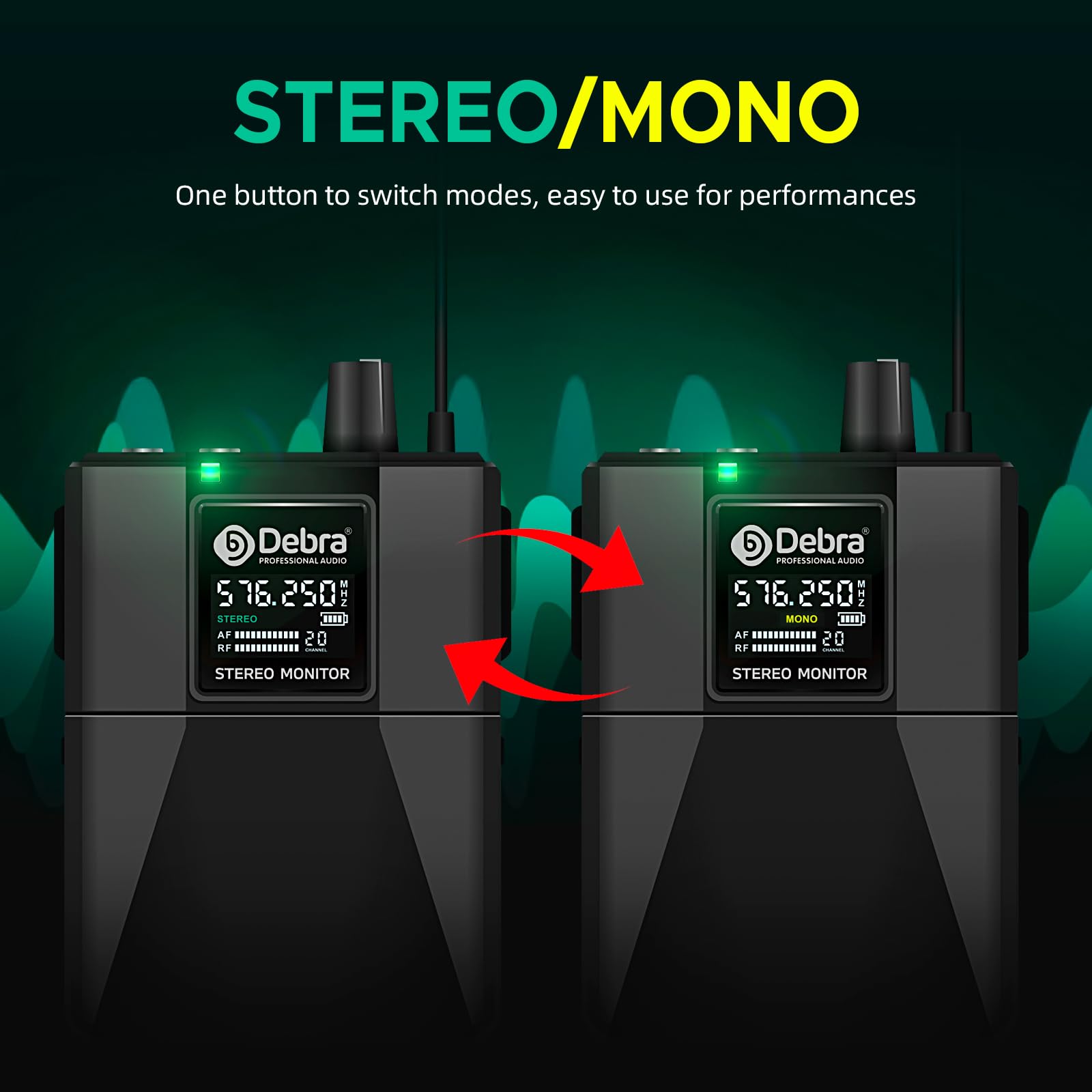 D Debra PRO ST-102 UHF Stereo Wireless in Ear Monitor System, Wireless IEM with Bodypacks and Headsets, Ideal for Stage Studio Speech (1 Bodypack with Transmitter (ER-102))