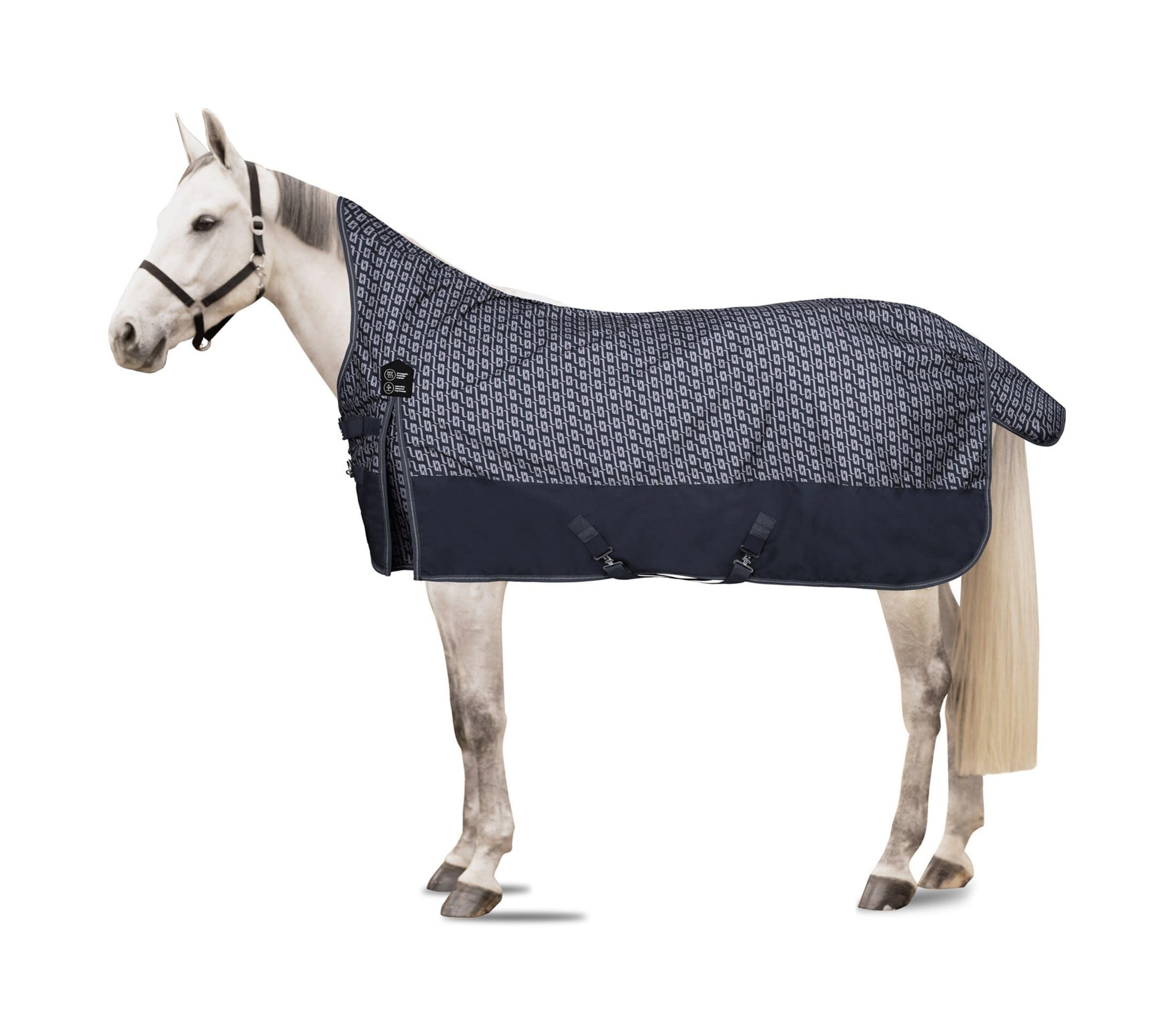Horze Avalanche 1200D High Neck Turnout Rain Sheet (No Fill) | Lightweight Waterproof Horse Blanket - Dark Navy/Dawn Grey Print - 81 in