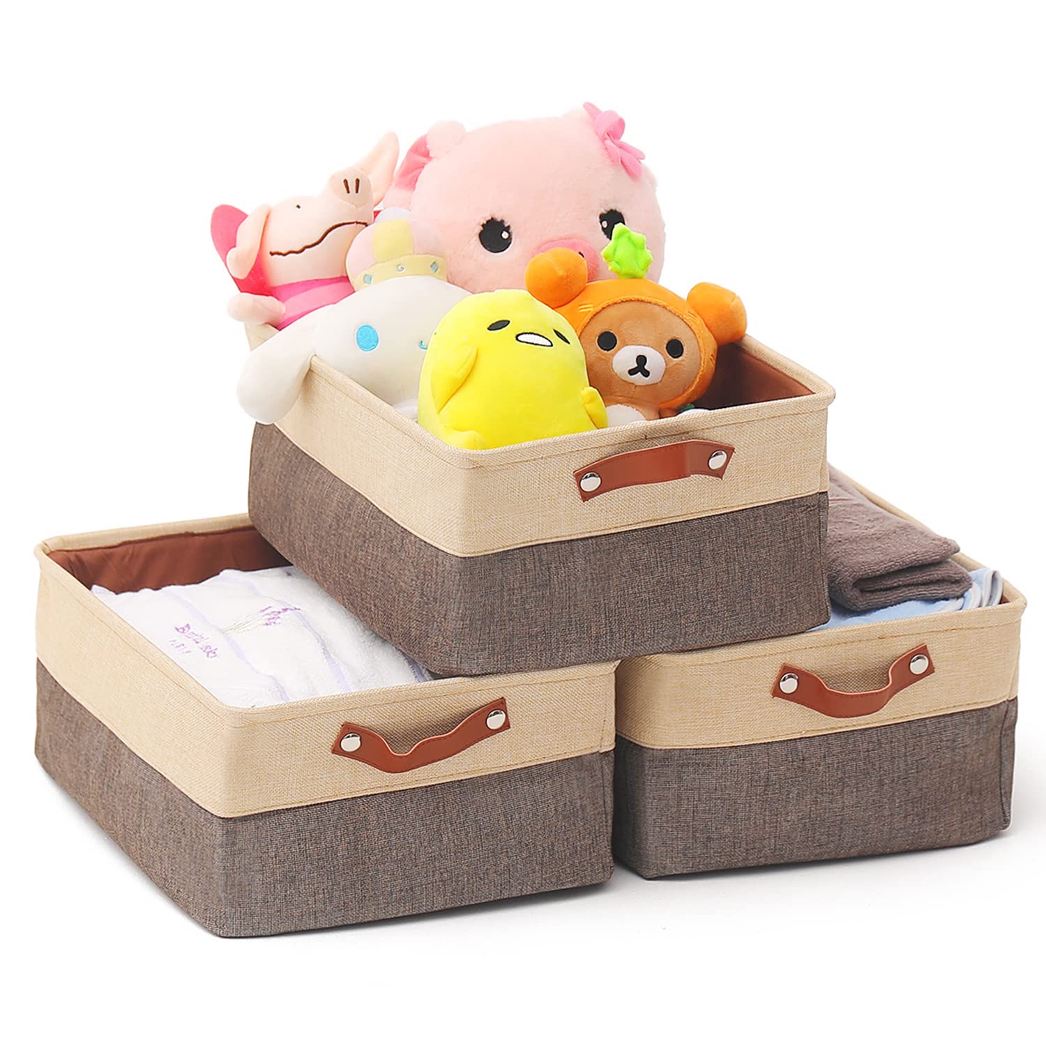 Large Storage Baskets for Organizing Shelves, Fabric Foldable Storage Bins Cubes with Handles Decorative Baskets Nursery Toy Closet Clothes Towel (Grey&Brown 15.7"x11.8"x7.8" - 3 Pack)