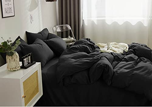 Nanko Queen Duvet Cover Set Black 3pc 90x90 Luxury Microfiber Down Comforter Quilt Bedding Cover with Deco Buttons Zip Closure Ties - Modern Style for Men and Women Chambray Teen