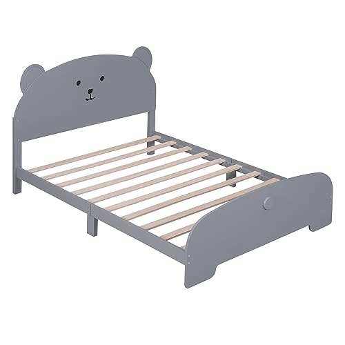 Quarte Cute Full Size Platform Bed with Bear-Shaped Headboard and Footboard, Wooden Bed Frame for Bedroom,No Box Spring Required (Gray/Bear*W)