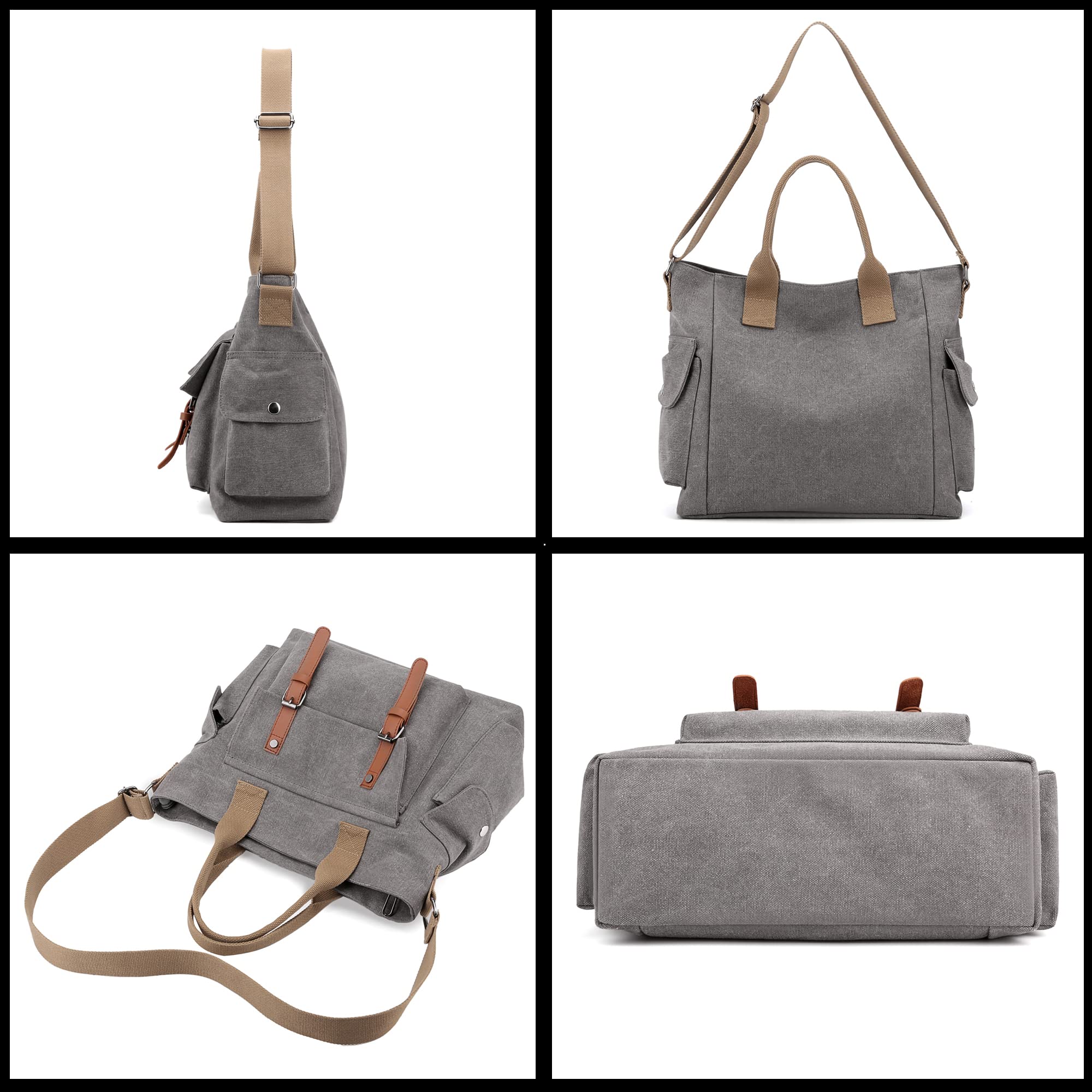 Eamom Canvas Handbags for Women Multi Pocket Crossbody Bags for Women Canvas Shoulder Bag (Khaki)