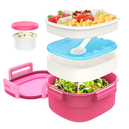 Stackable Salad Lunch Containers With Ice Pack, 1.3L Salad Bowls Bento Box Lunch Container with 4 Compartments Tray, 3oz Sauce Container for Dressings, Built-In Reusable Fork & BPA-Free (Pink)