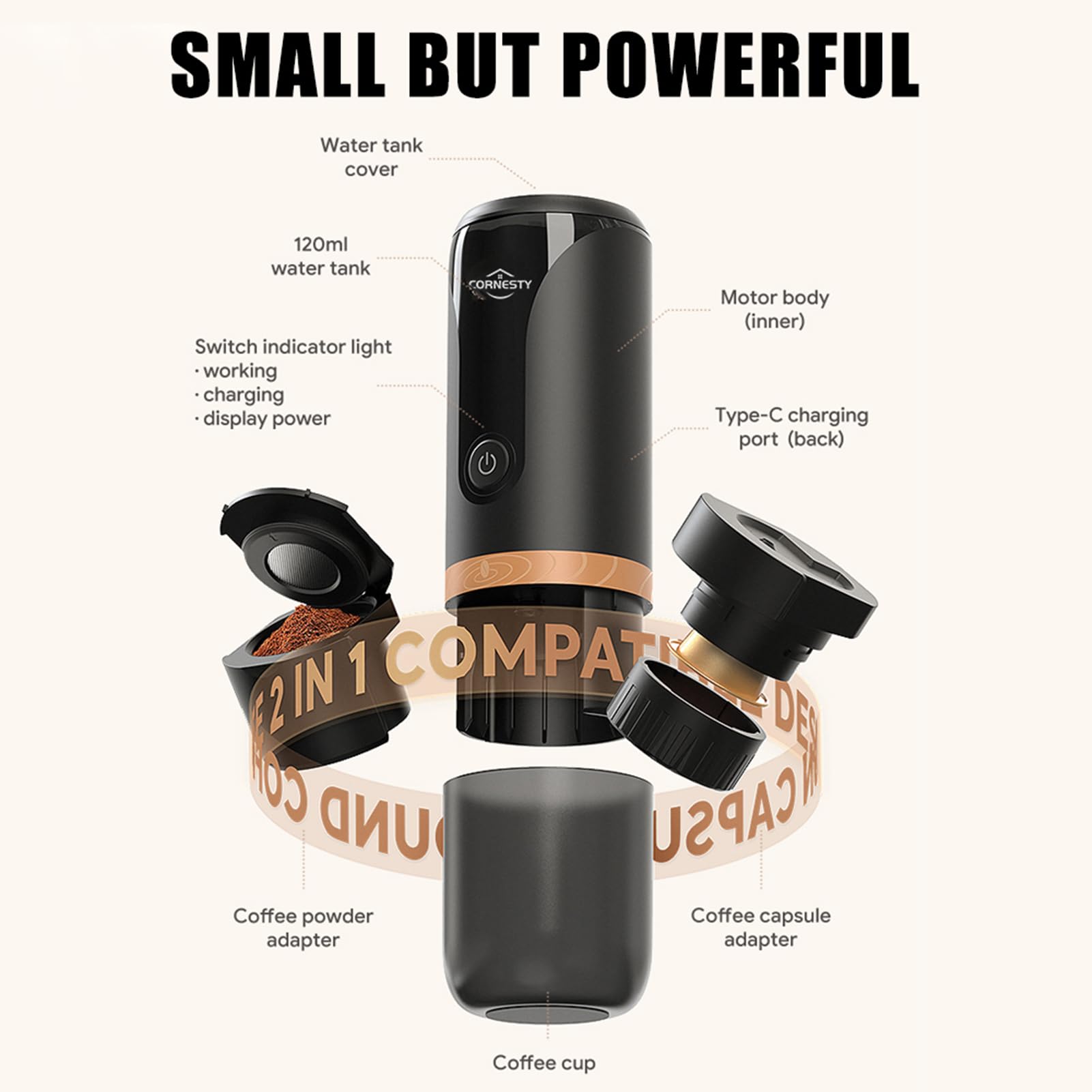 Cornesty Portable Coffee Maker, Rechargeable 2 in 1 Small Travel Espresso Machine, 9 Bar Pressure 12V Fast Brewing Coffee Machine Compatible with NS Pods & Ground Coffee for Camping Office Hiking RV