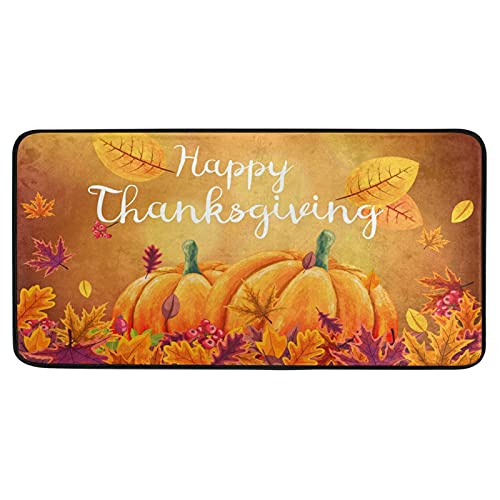 Thanksgiving Rug Kitchen Rugs Runner Happy Thanksgiving with Pumpkin Autumn Leaves Doormat Bath Rugs Mat Non Slip Area Rugs for Bathroom Kitchen Indoor 39" X 20"