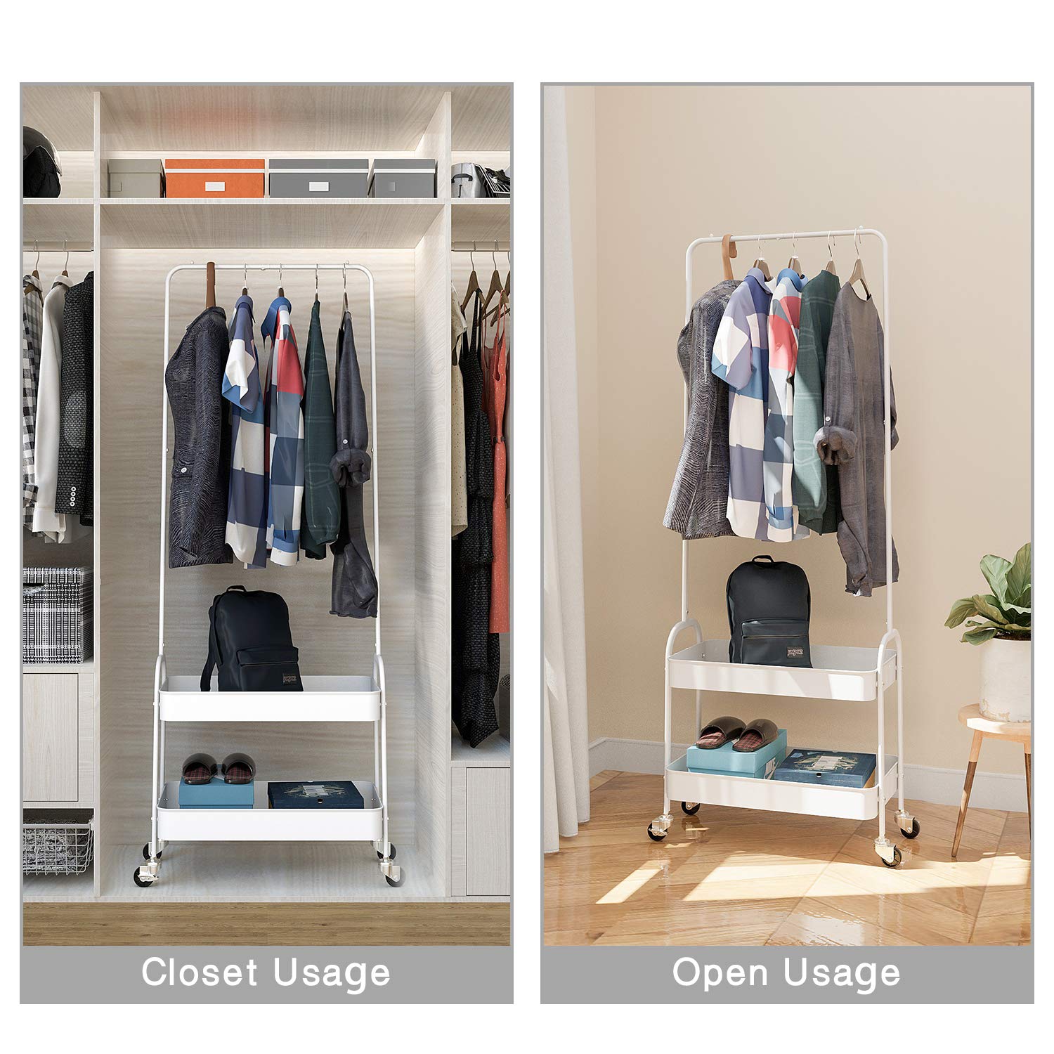 KINGRACK 2-in 1 Garment Rack, Clothing Rack with 2 Tier Metal Basket, Rolling Storage Cart Clothes Organizer Coat Rack Storage Stand on Wheels for Home Bedroom Laundry Small Place Entryway, White