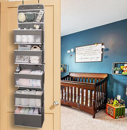 VINNING Over the Door Organizer Storage - 6 Shelf Flexible 1 Split into 2 Hanging Storage Door Organizer,Anti Tilt Behind Door Organizer for Pantry,Nursery,Bathroom,Bedroom,Kitchen,Dorm,Camper,Grey