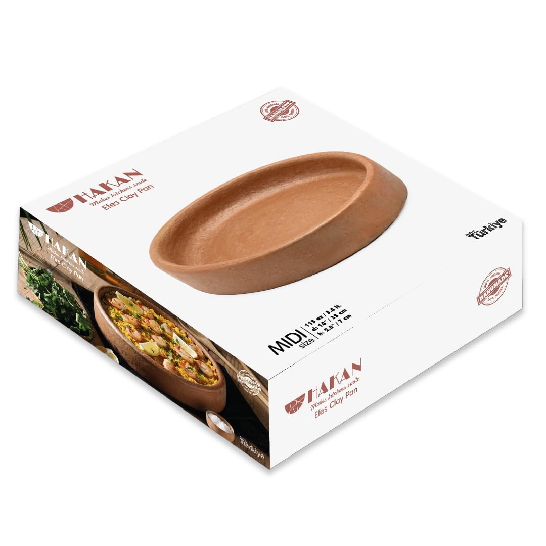 Hakan Natural & Handmade Terracotta Pan for Cooking | Authentic Clay Pan, Cazuela Dish, Ancient Mexican Clay Cookware, Earthenware Mud, Pottery Kitchenware (Midi 14 in)