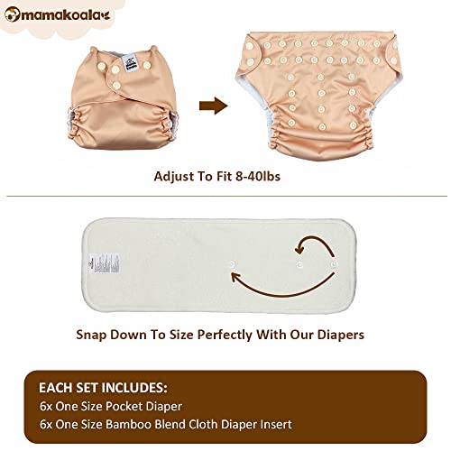 Mama Koala 2.0 Baby Cloth Diapers with AWJ Lining and Tummy Panel, Washable Reusable Pocket Diapers, 6 Pack with 6 Bamboo Diaper Inserts (Simply Neutrals)