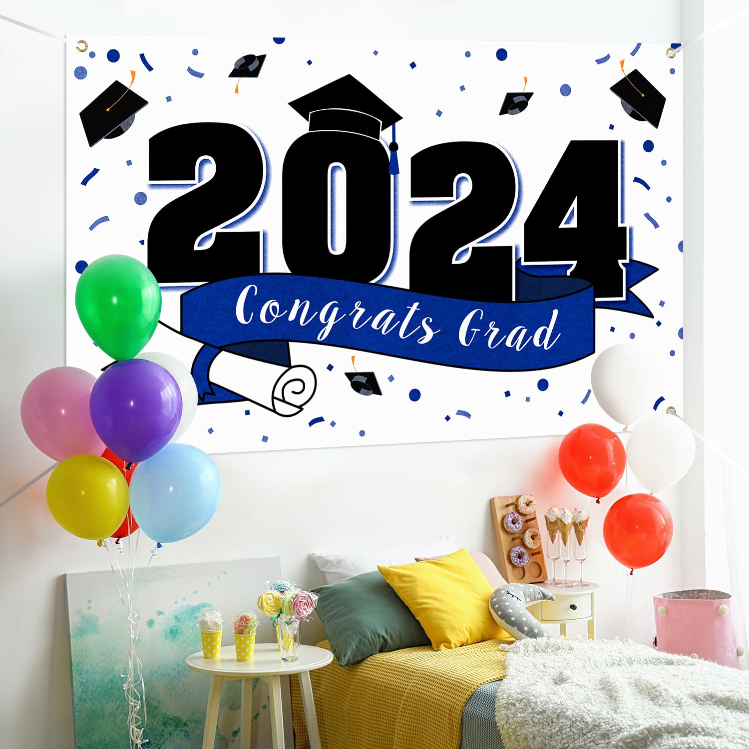 LASKYER 2024 Congrats Grad Graduation Party Decorations - Class of 2024 Large Hanging Photoprop Backdrop Banner,2024 Gard Sign Decorations - Blue.