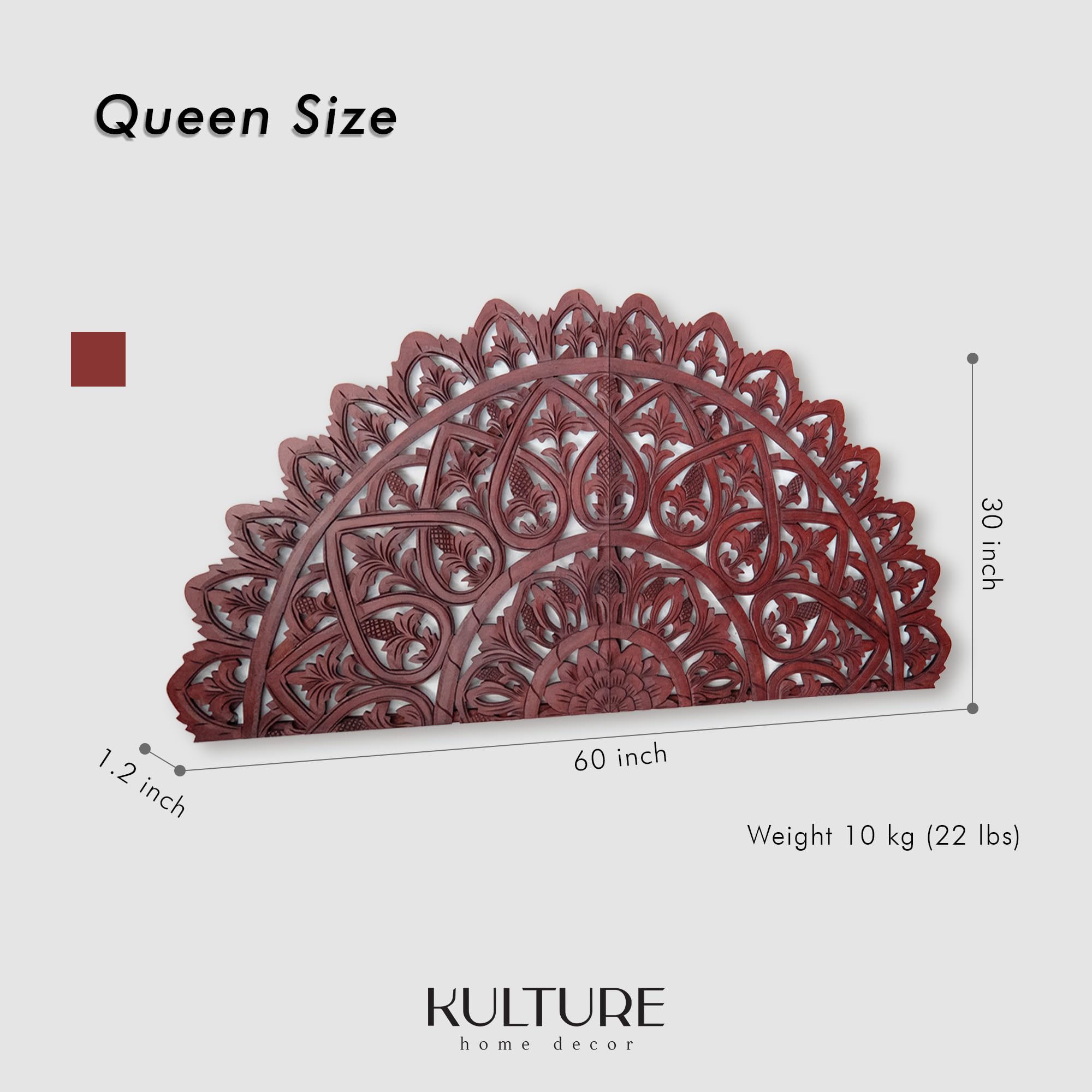 Half Moon Queen Wood Headboard Brown | Carved Full Headboard Only | Wooden Headboard Full Size Bed | Wall Mount Headboard Queen | Full Bed Headboard Panels (Mahkota Dark Brown, Queen)
