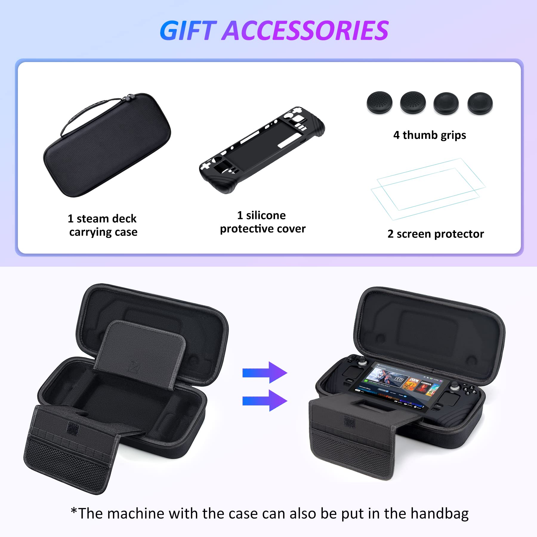 EAONE Carrying Storage Case for Steam Deck, Portable Hard Shell Travel Case with 1 Silicone Protective Case, 2-Pack Screen Protector and 4 Thumb Caps for Steam Deck Console & Accessories